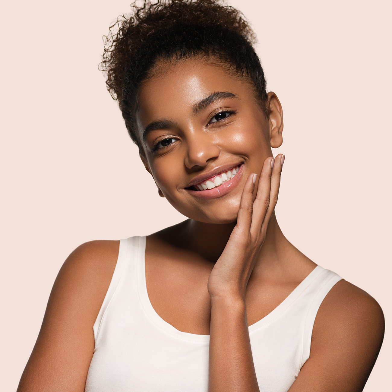Beauty Woman Black Skin Face Smiling Model Touching Her Face. Co ...